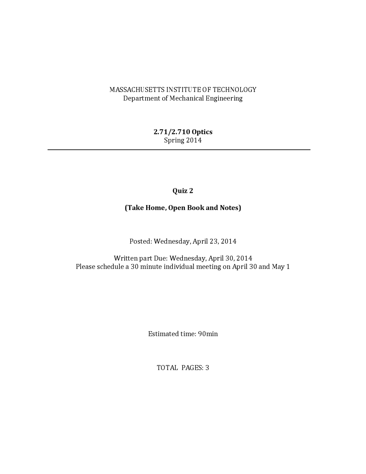 Optics Quiz 2 Take Home Open Book And Notes Spring 2014 Mit Docsity