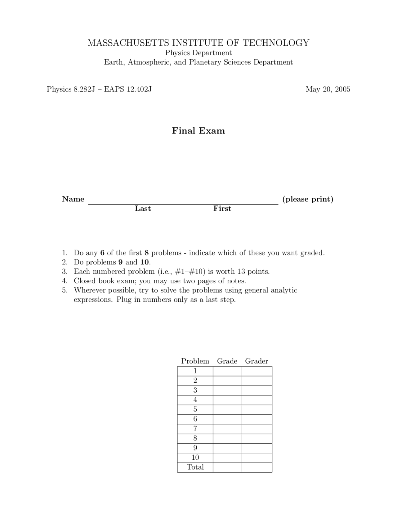 Introduction To Astronomy Final Exam 10 Problems To Solve Spring