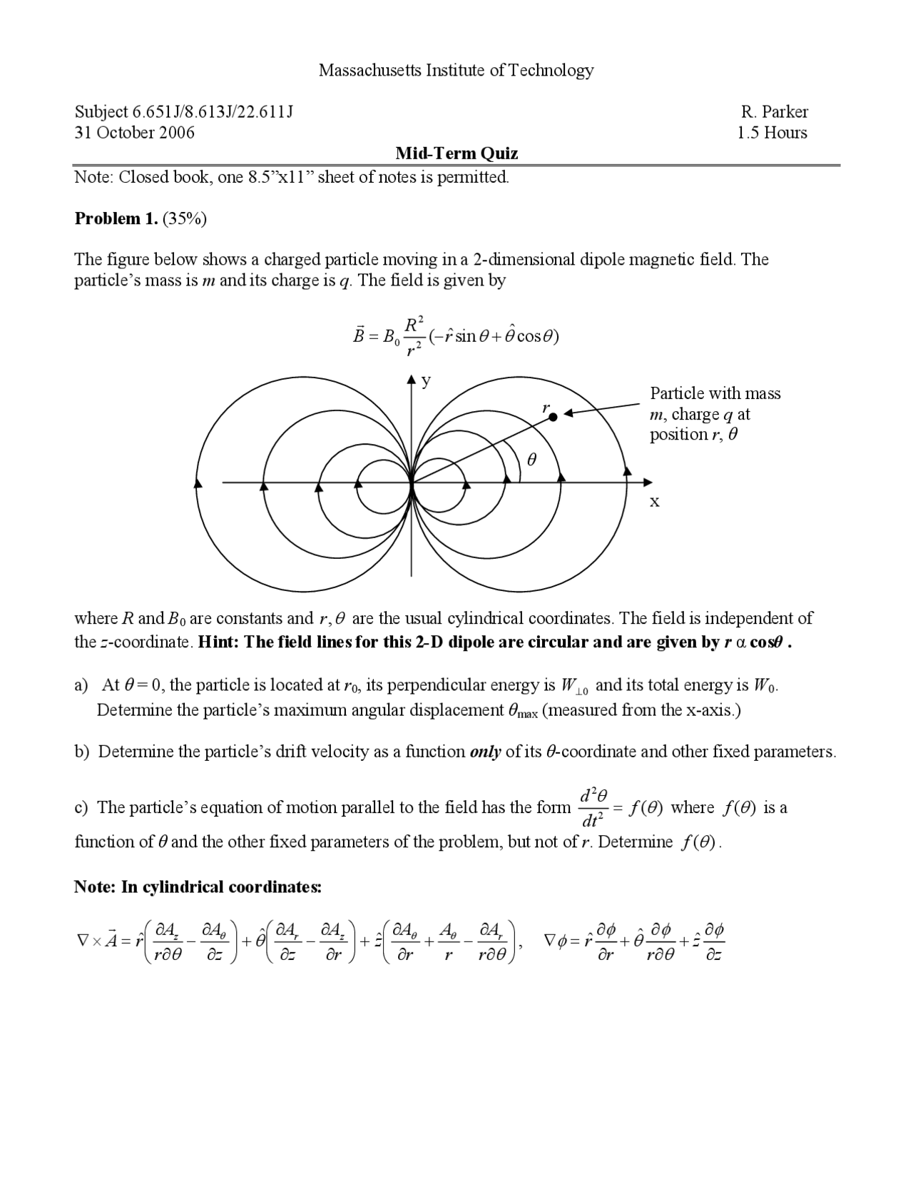 Introduction To Plasma Physics I Mid Term Quiz Three Problems To Solve