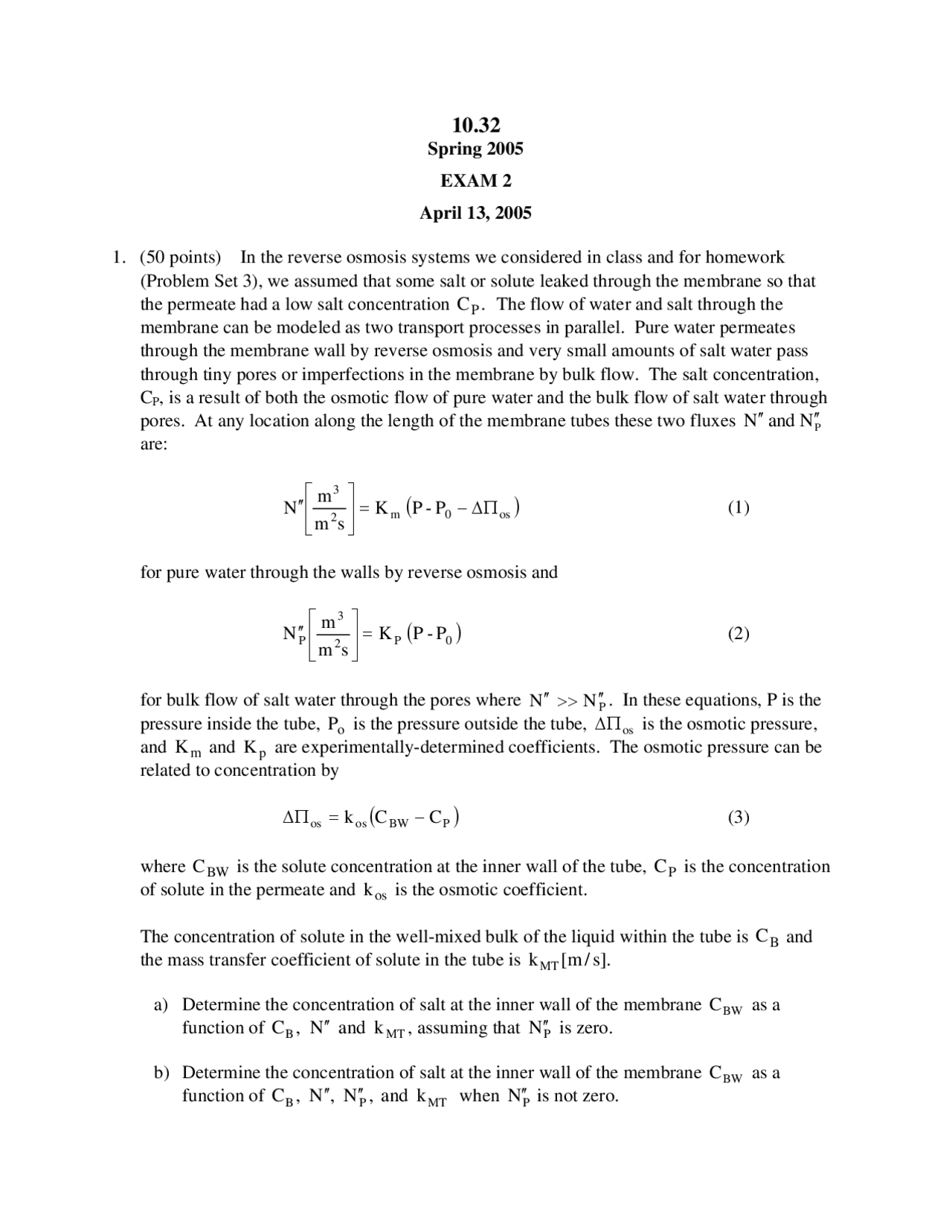Separation Processes quiz - Spring 2005 - Docsity