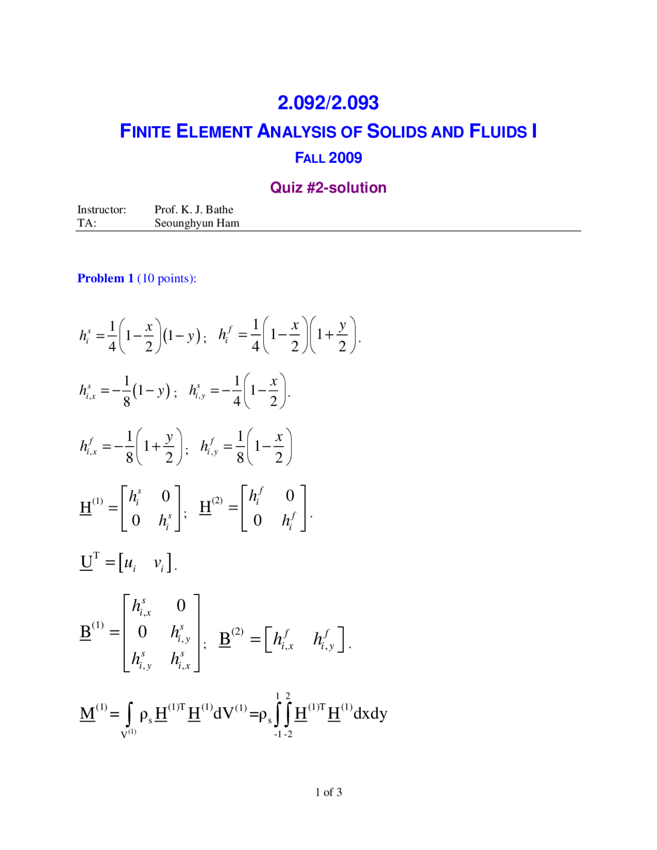Finite Element Analysis Of Solids And Fluids I Quiz 2 Solutions Docsity