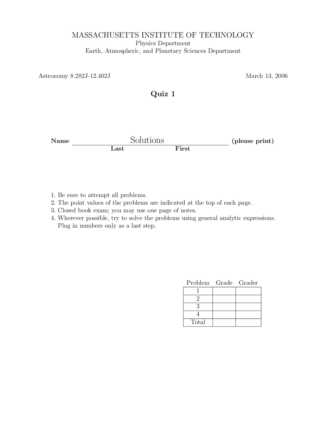 Introduction To Astronomy Exam 1 With Solutions Spring 2006 Mit Docsity