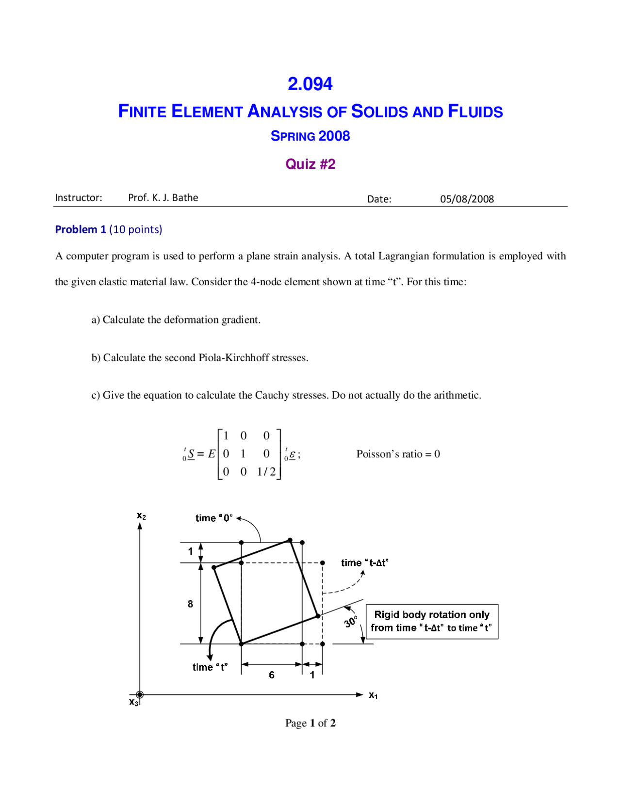Finite Element Analysis Of Solids And Fluids Ii Quiz 2 2008 Mit Docsity