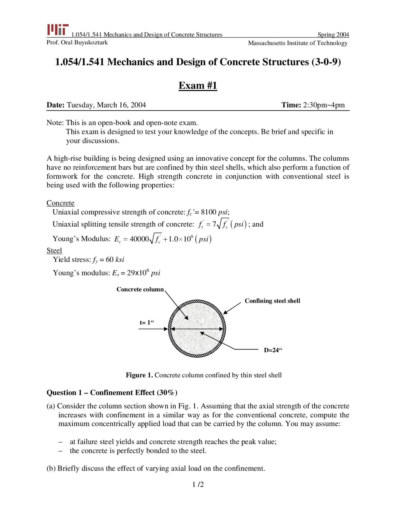 Mechanics and Design of Concrete Structures exam - Spring 2004 | Exams Structural Design and ...