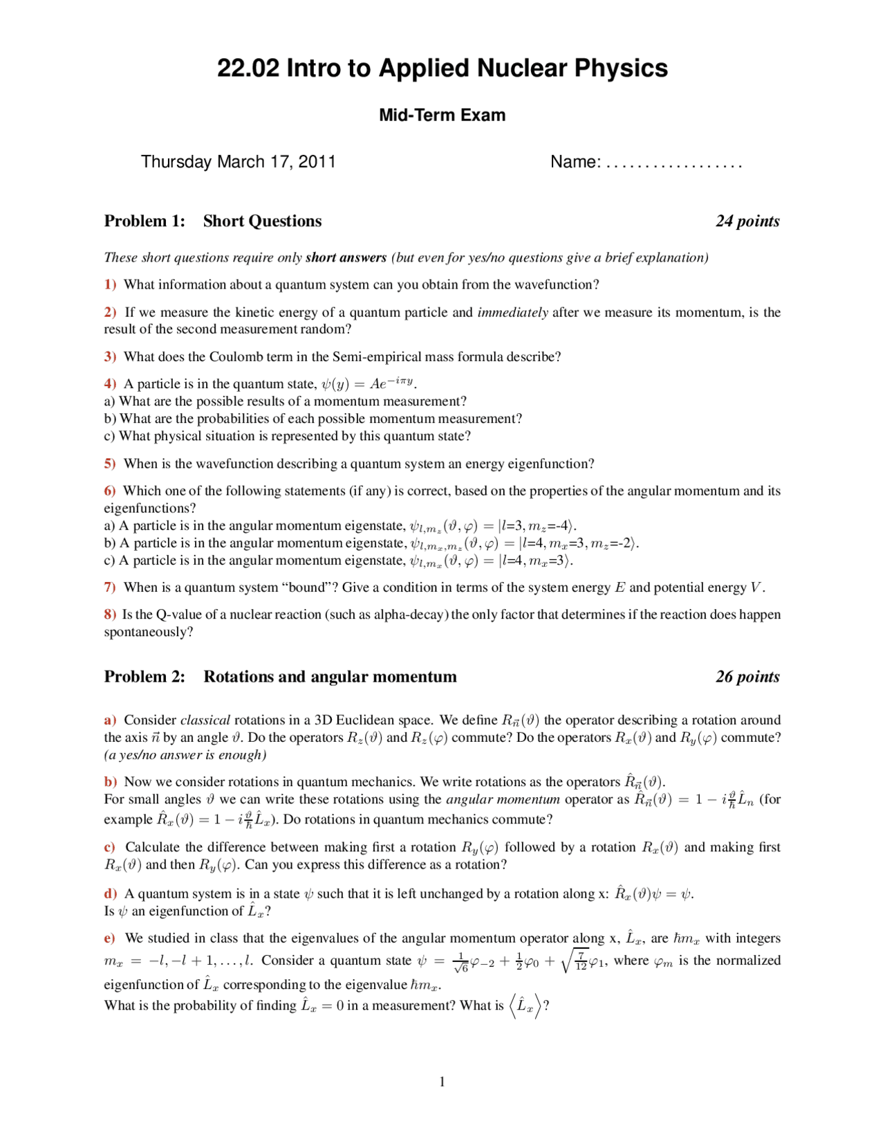 Intro To Applied Nuclear Physics Mid Term Exam Short Questions