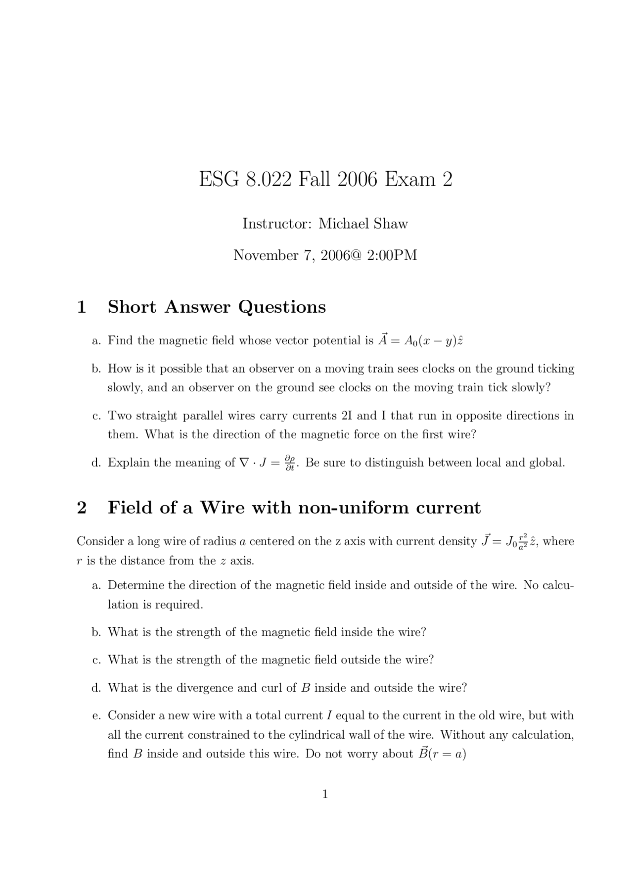 Electricity And Magnetism Exam 2 Short Answer Questions Fall 2006