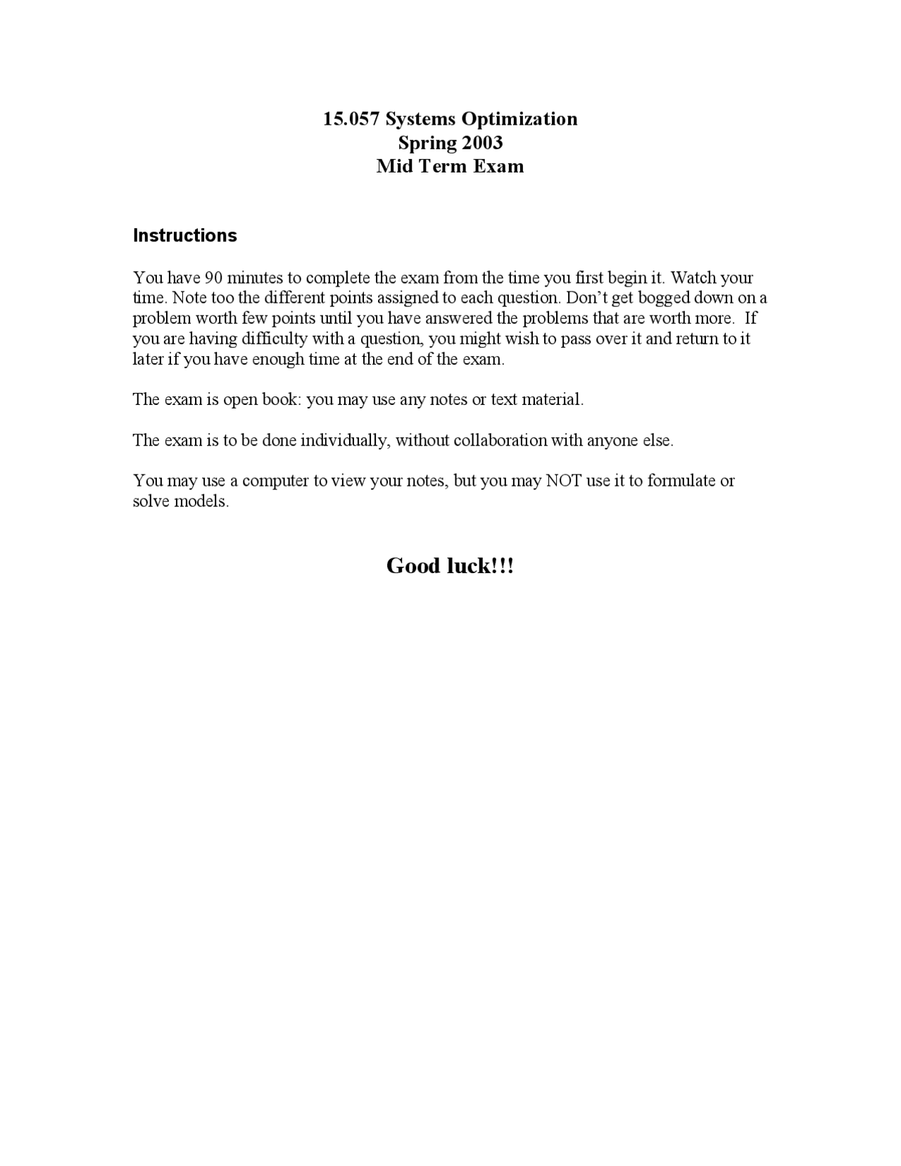 Systems Optimization Midterm Exam Spring 2003 With Solutions Docsity