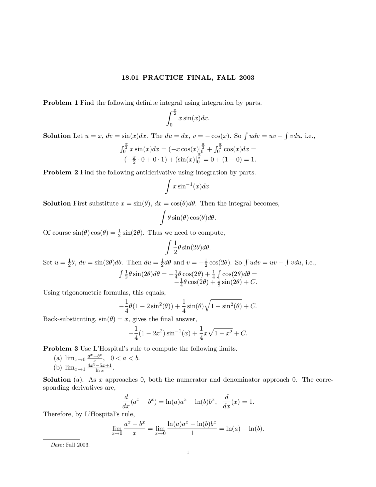 Single Variable Calculus Practice Final Exam With Solutions Docsity