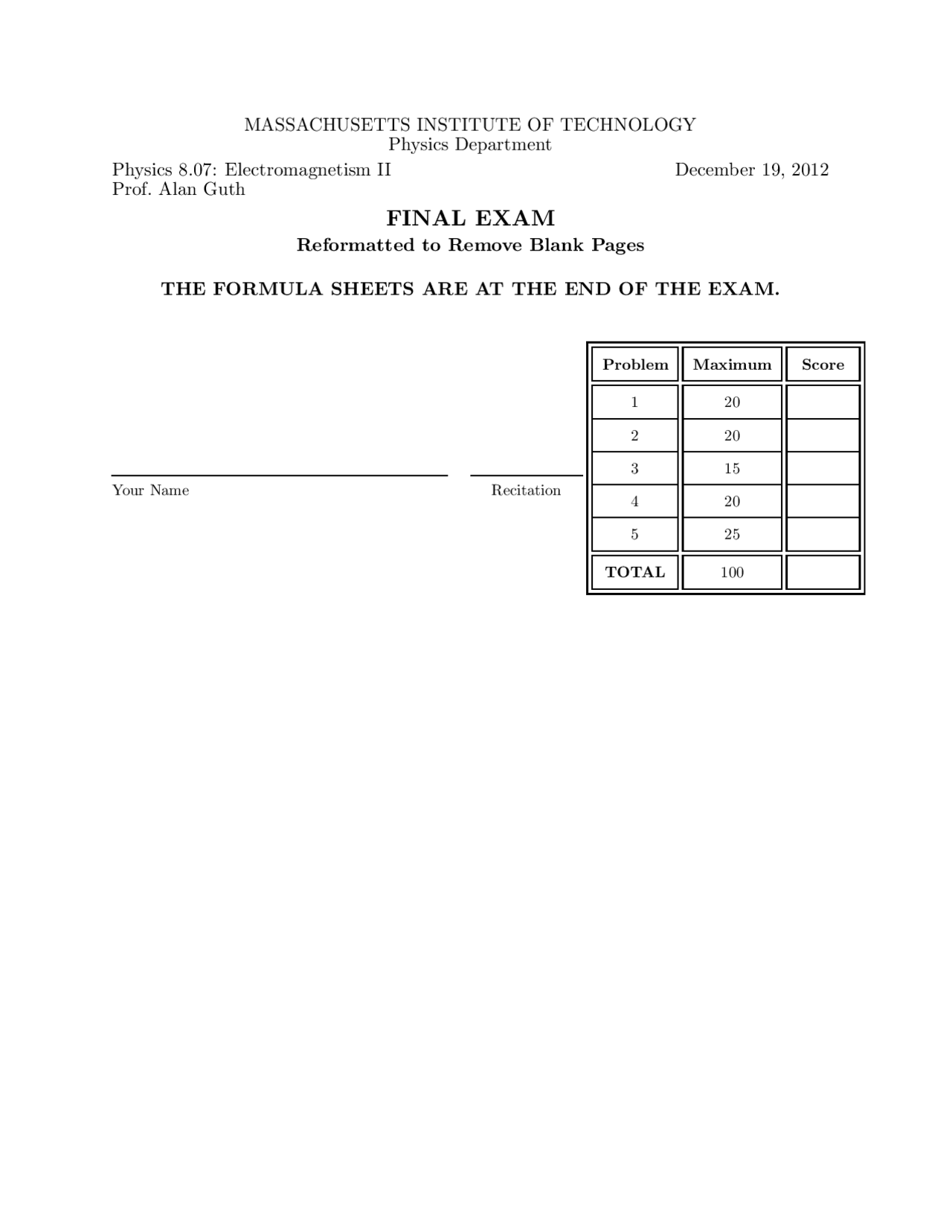 Electromagnetism Ii Final Exam Problems And Short Questions Docsity