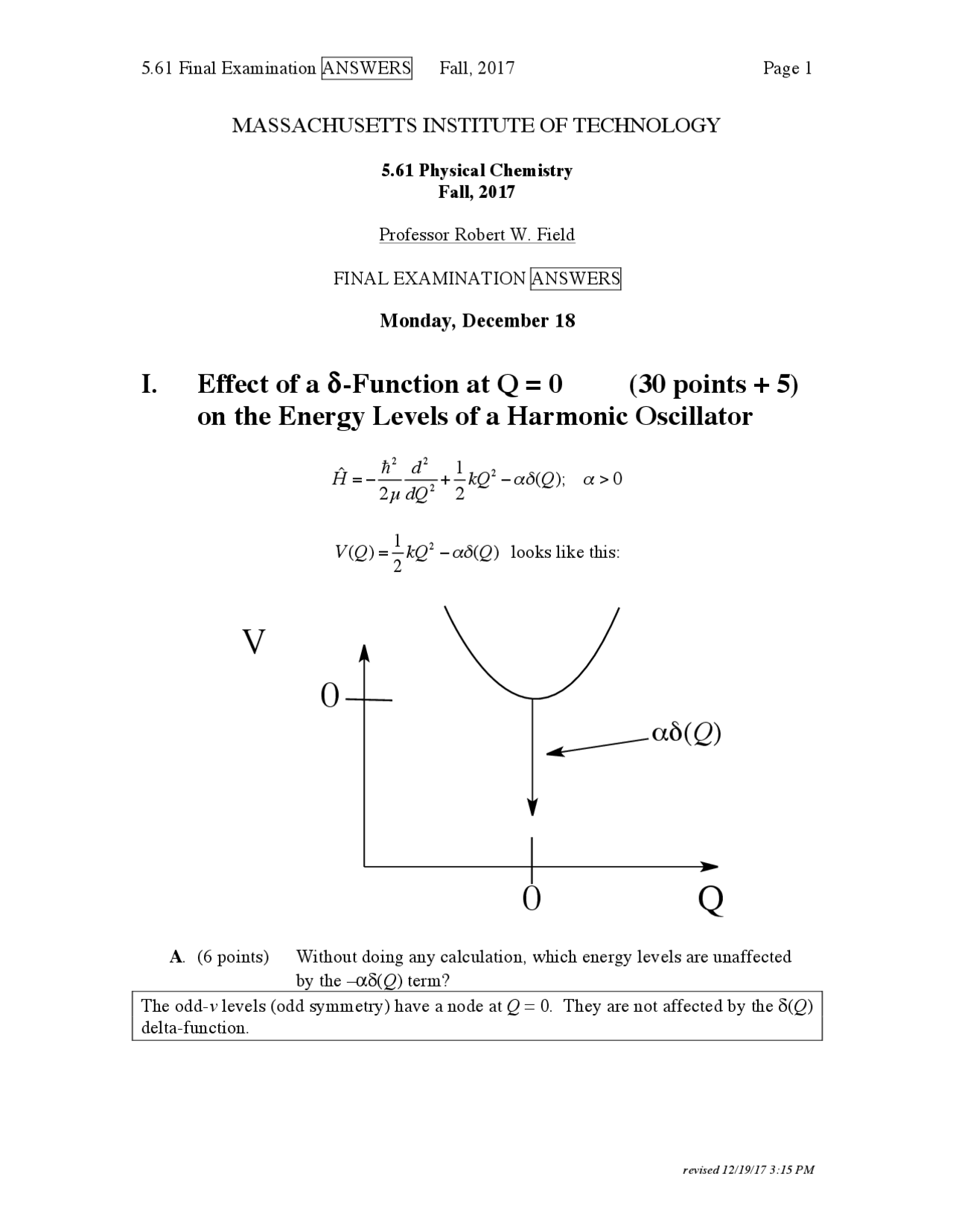 Physical Chemistry II Final Exam with Answers | Fall 2017 MIT - Docsity