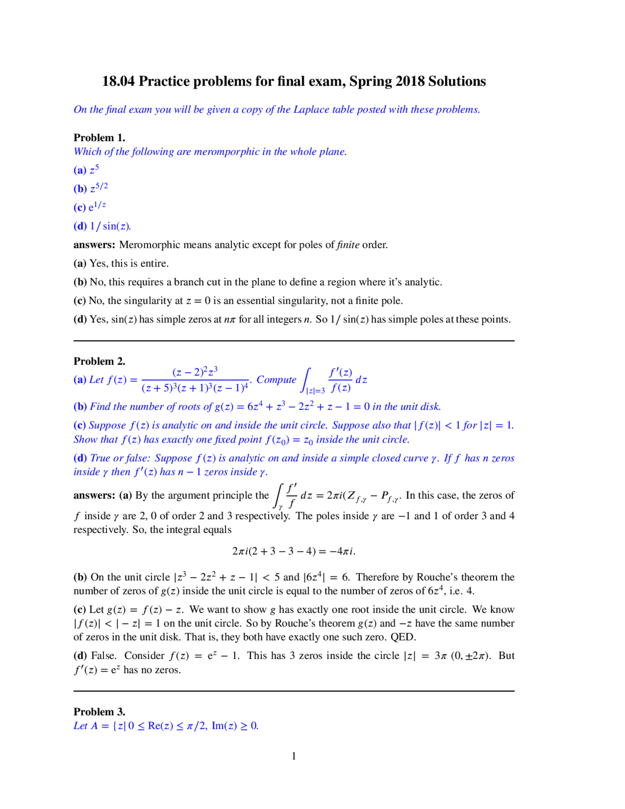 Complex Variables With Applications Final Exam With Solutions Spring