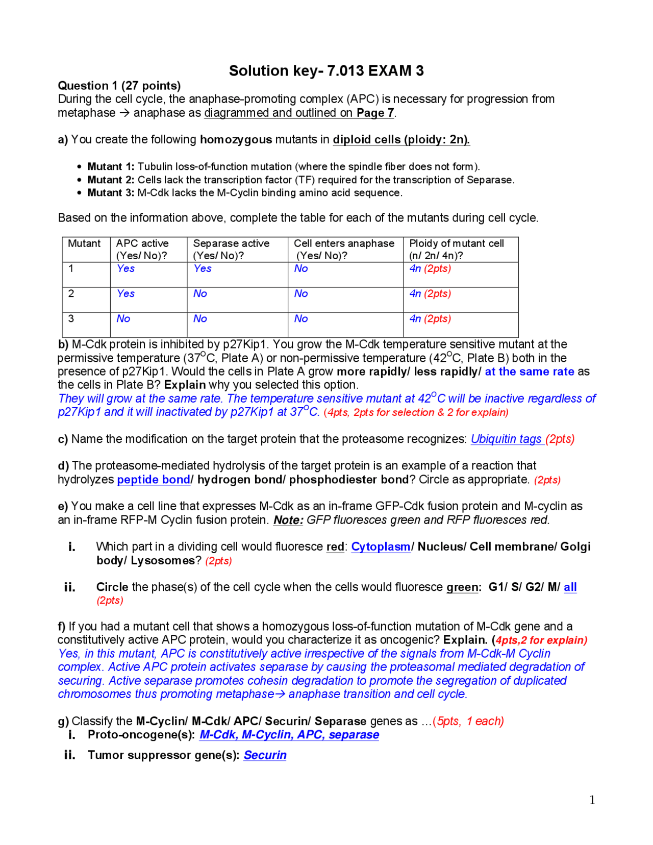 Introductory Biology Solution Key Exam 3 Spring 2018 Mit Docsity