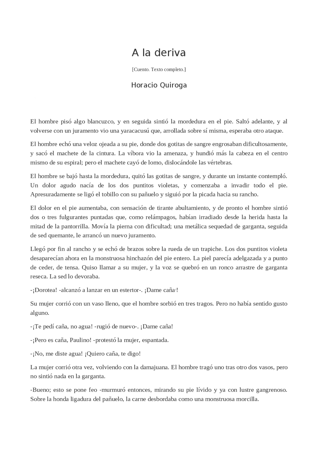 A la deriva testo horacio quiroga - Docsity