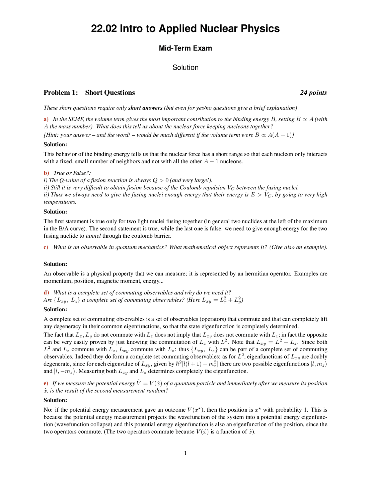 Intro To Applied Nuclear Physics Mid Term Exam With Solutions Fall 2012 Mit Docsity
