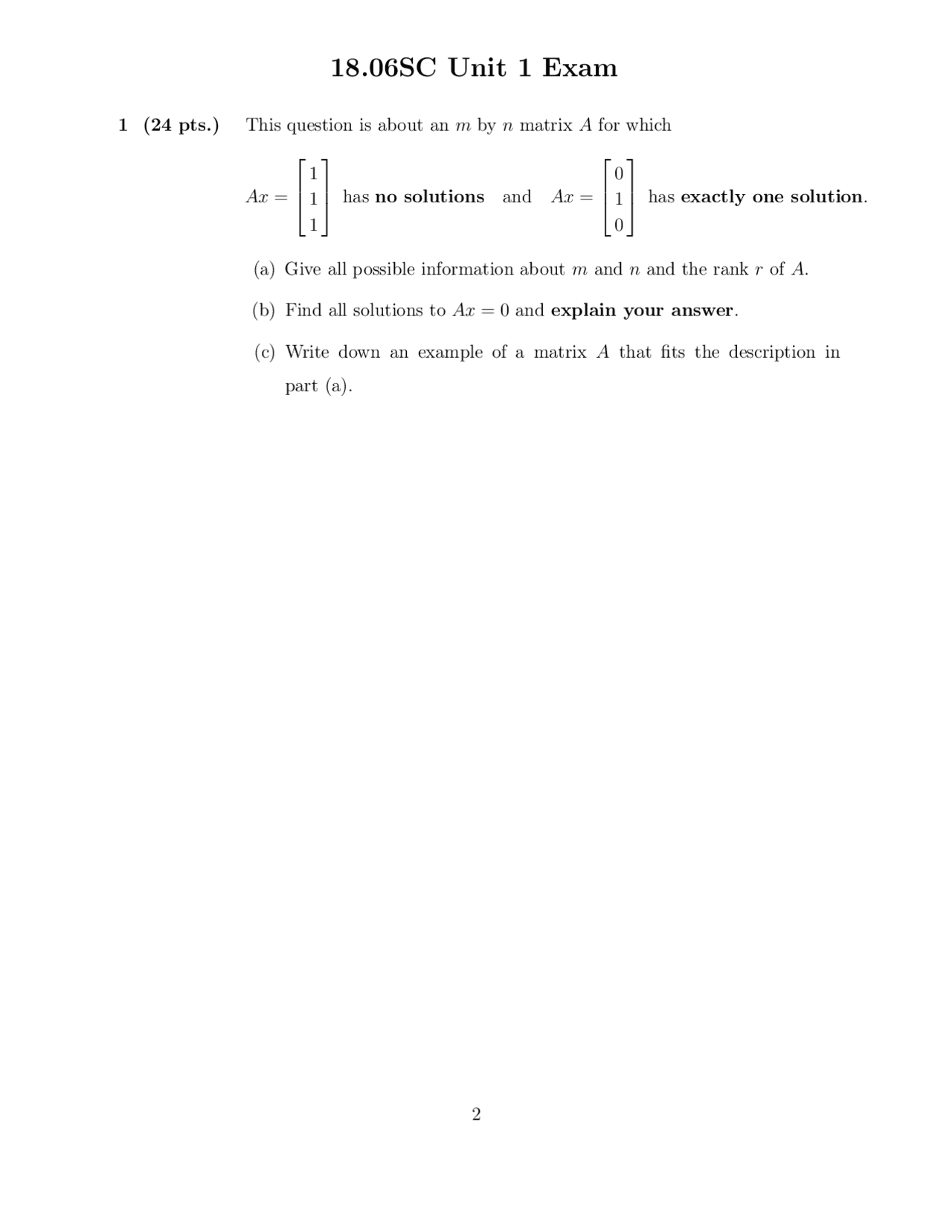 Linear Algebra Unit 1 Exam Four Exercises To Solve Docsity
