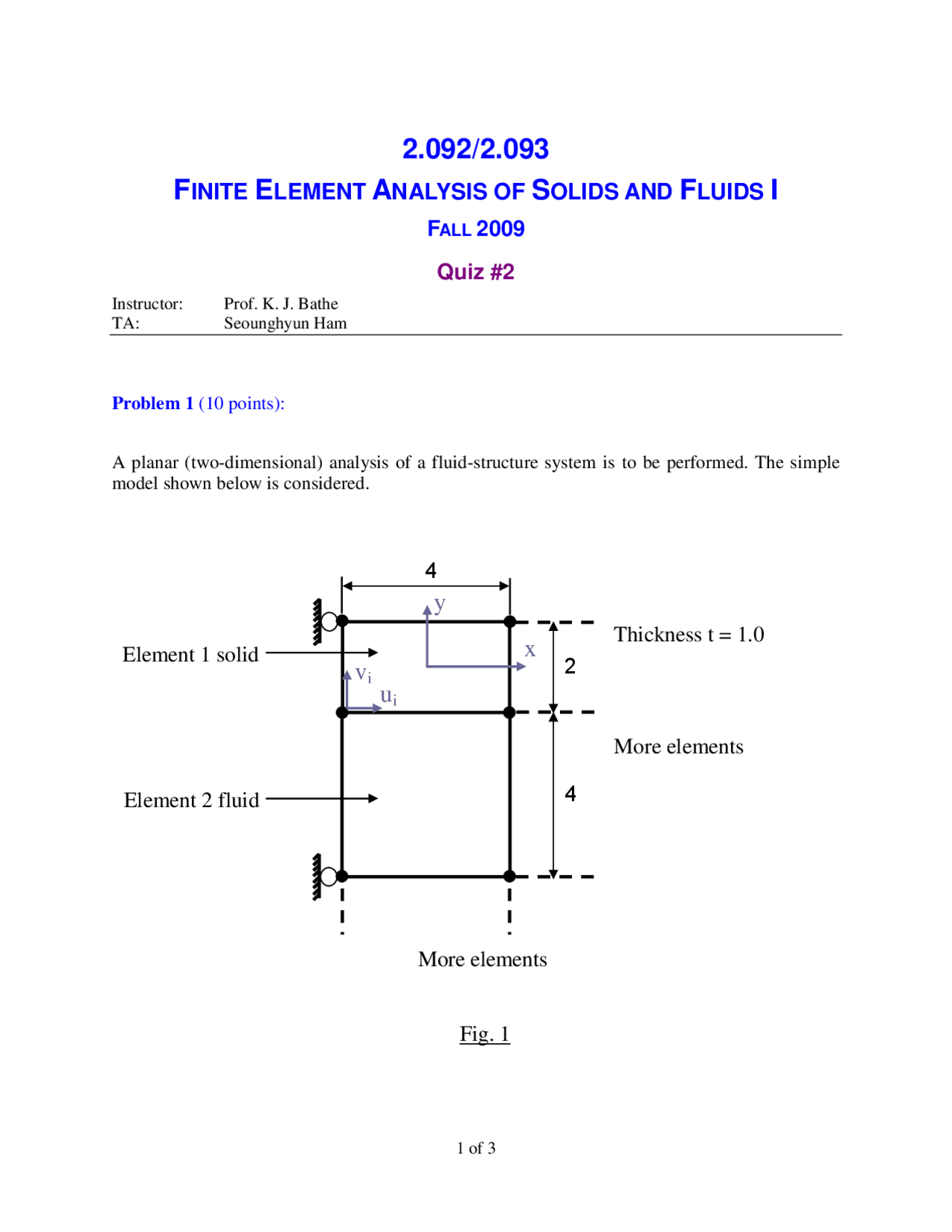 Finite Element Analysis Of Solids And Fluids I Quiz 2 Fall 2009 Mit