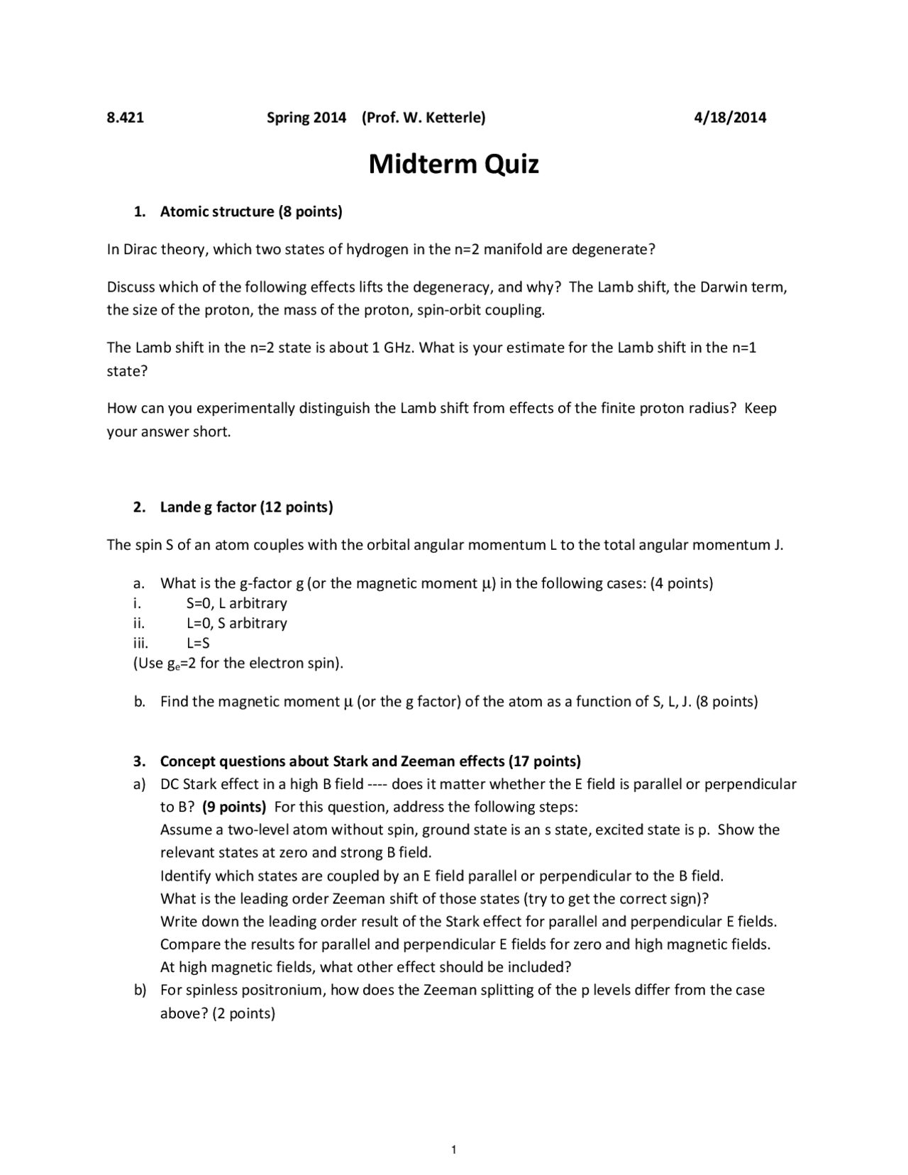 Atomic And Optical Physics I Midterm Quiz Spring 2014 Mit Docsity