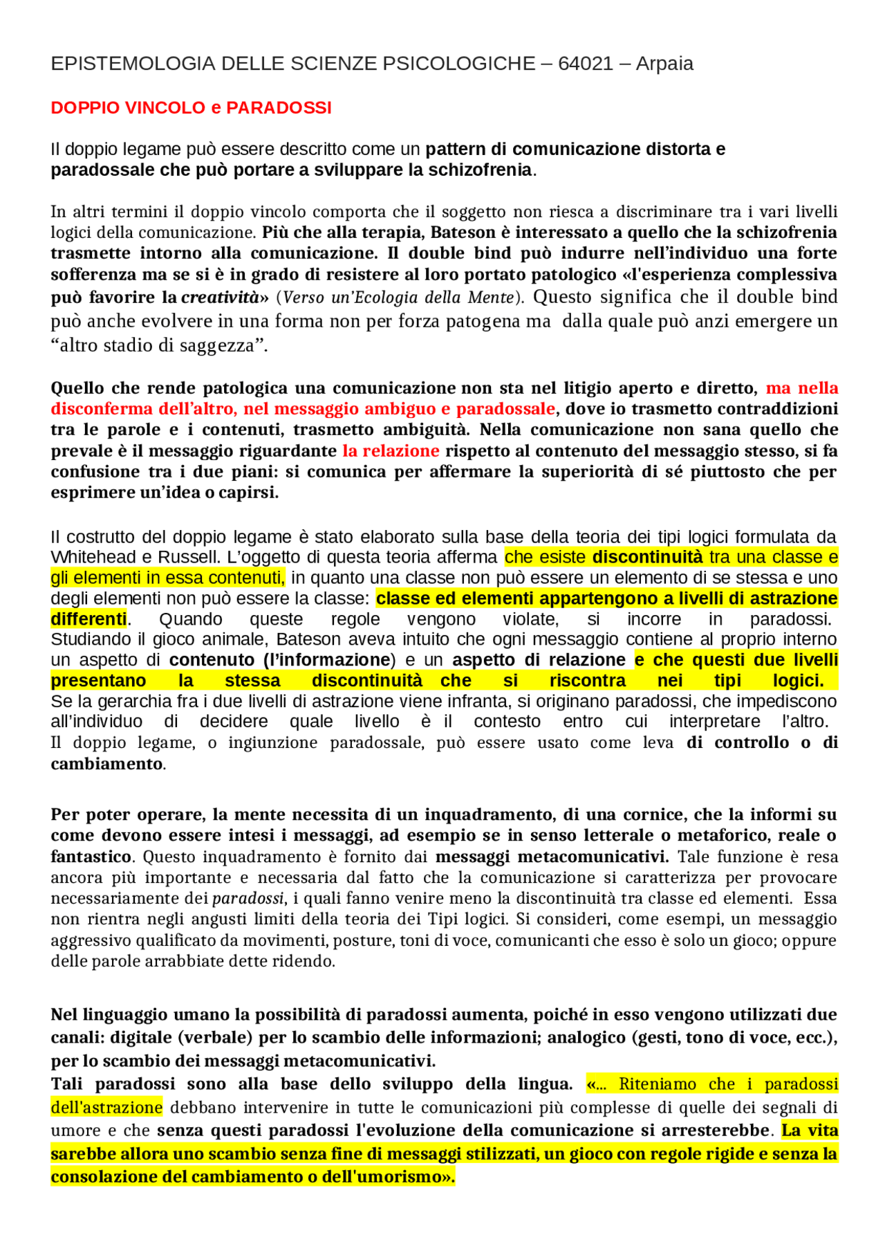 Riassunto Sintetico Verso Unecologia Della Mente Docsity