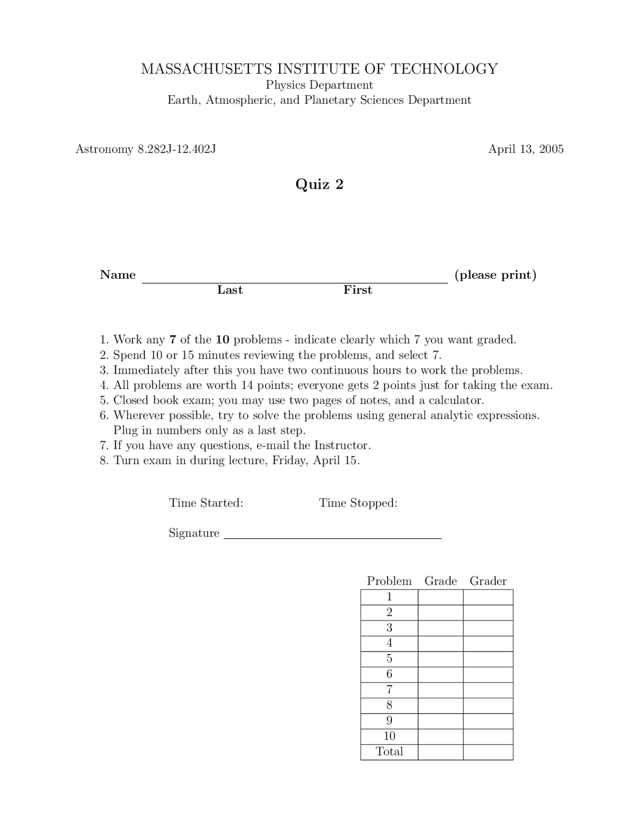 Introduction To Astronomy Quiz 1 Ten Problems To Practice Spring