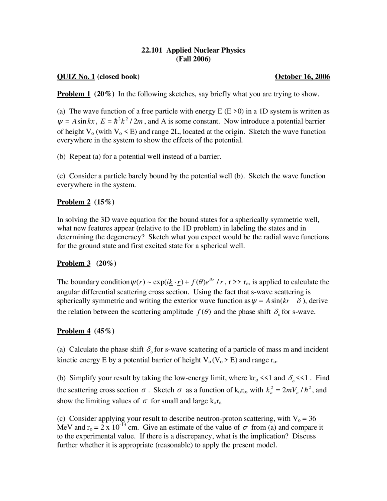 Applied Nuclear Physics Quiz 1 Four Problems To Solve Docsity