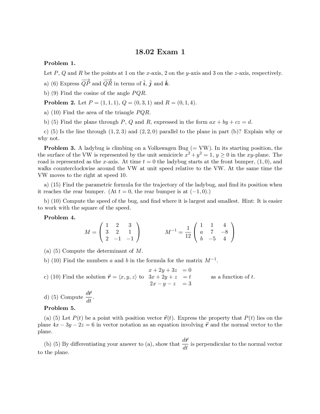 Multivariable Calculus Exam 1 Five Problems Docsity