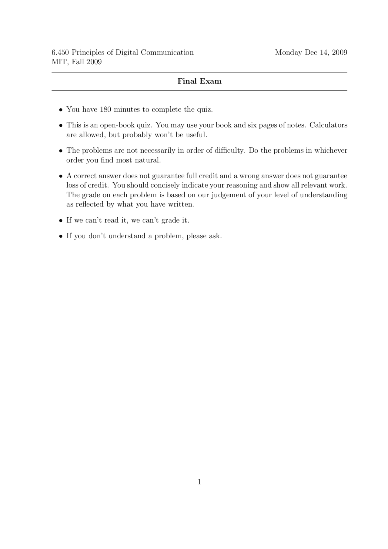 Principles of Digital Communication Final Exam: 5 Problem Questions ...