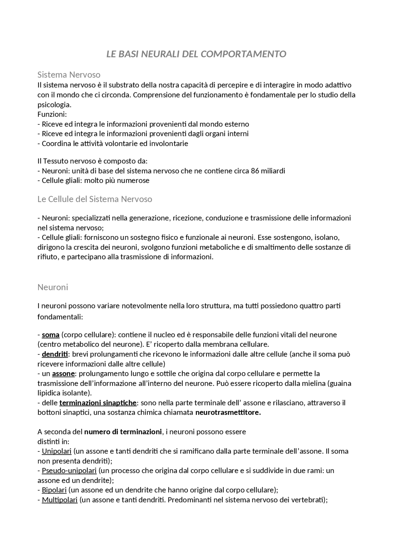 Le Basi Neurali Del Comportamento Docsity