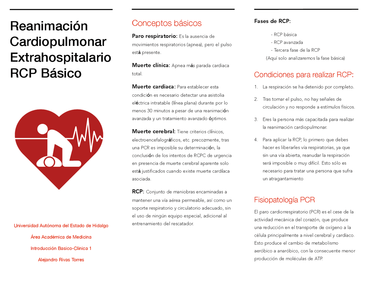 Triptico RCP Extrahospitalario | Esquemas y mapas conceptuales de Propedéutica Medica | Docsity