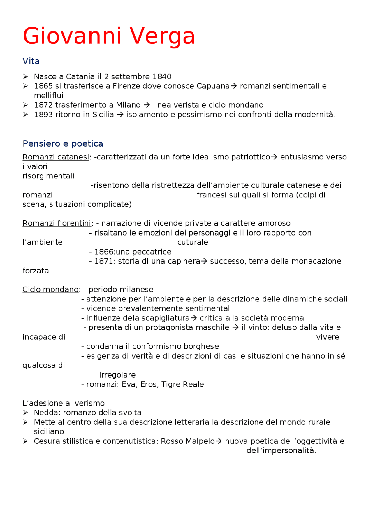 Giovanni Verga: Vita e Opere | Appunti di Italiano | Docsity