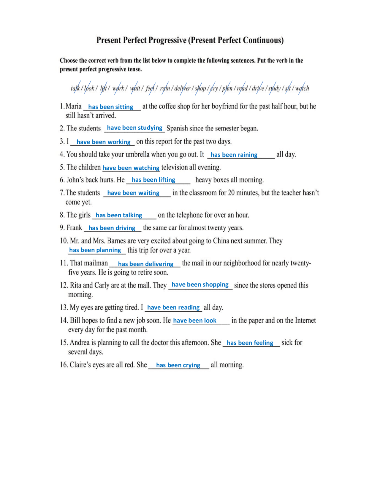 Ejercicio presente perfecto continuo - Docsity