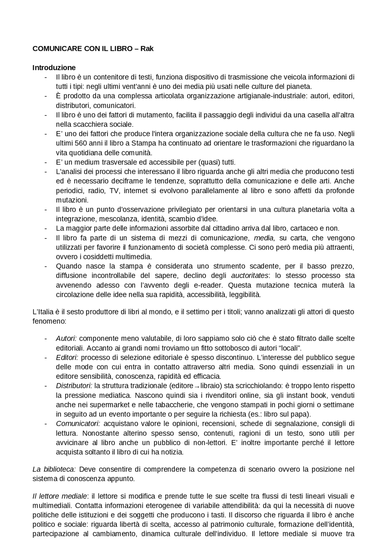 Riassunto Comunicare Con Il Libro Rak Docsity
