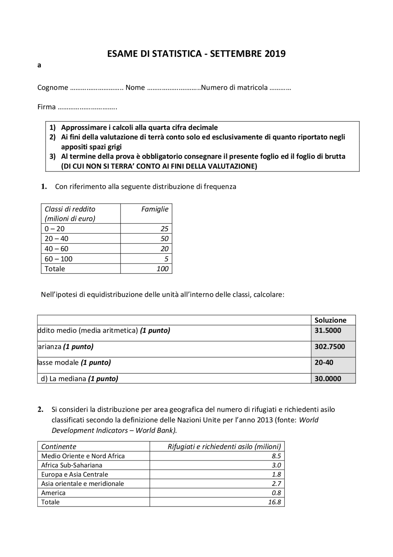 Prova Di Esame Statistica Docsity
