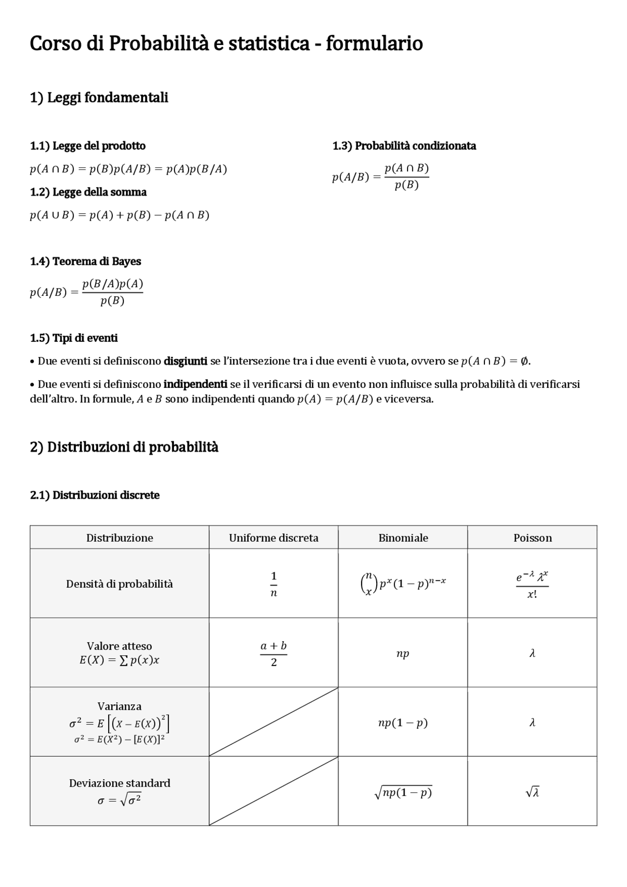 Formulario di Probabilità e Statistica - Docsity