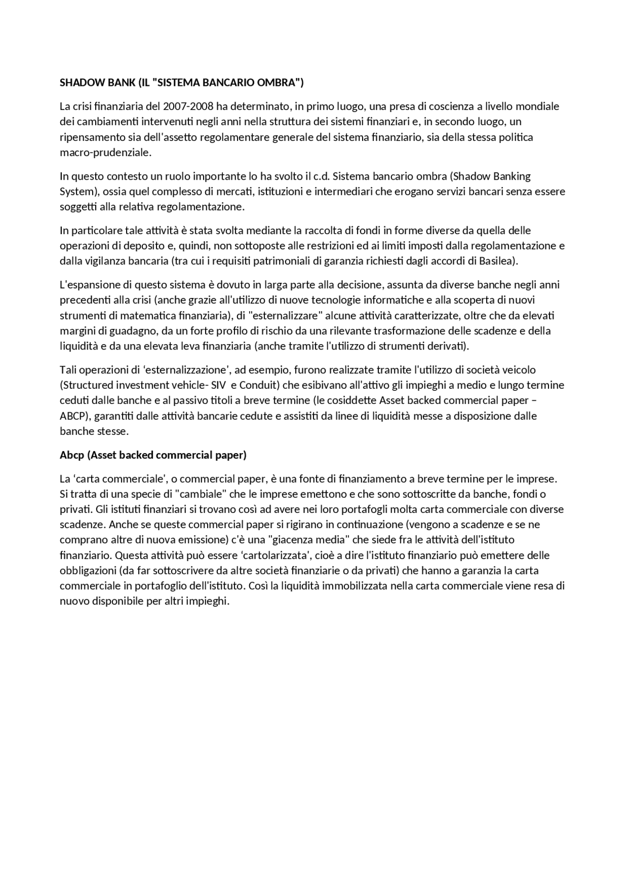 Il sistema bancario dello SHADOW BANK - Docsity