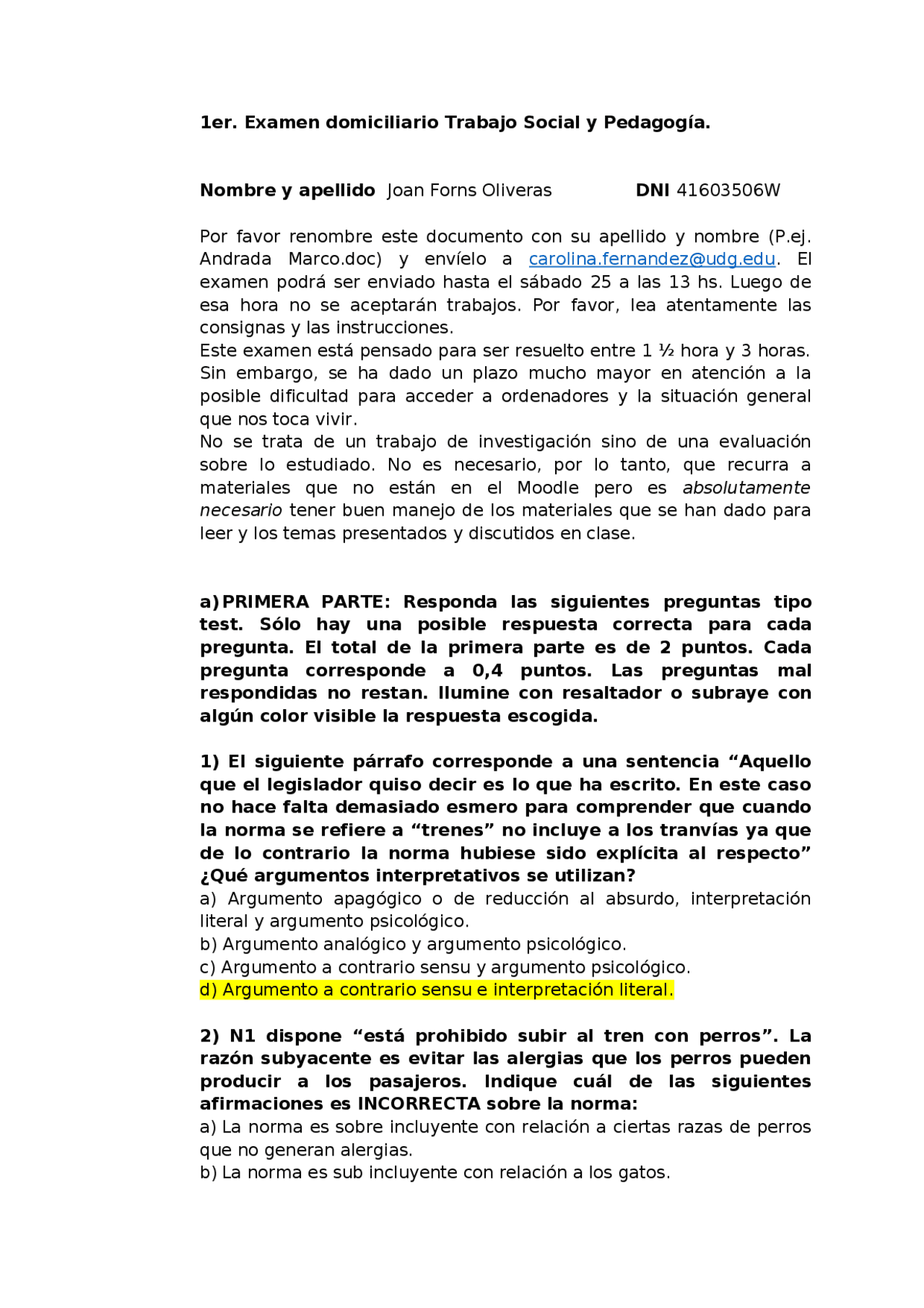 Examen Funcions I Conceptes Bàsics Del Dret Udg Treball Social Docsity