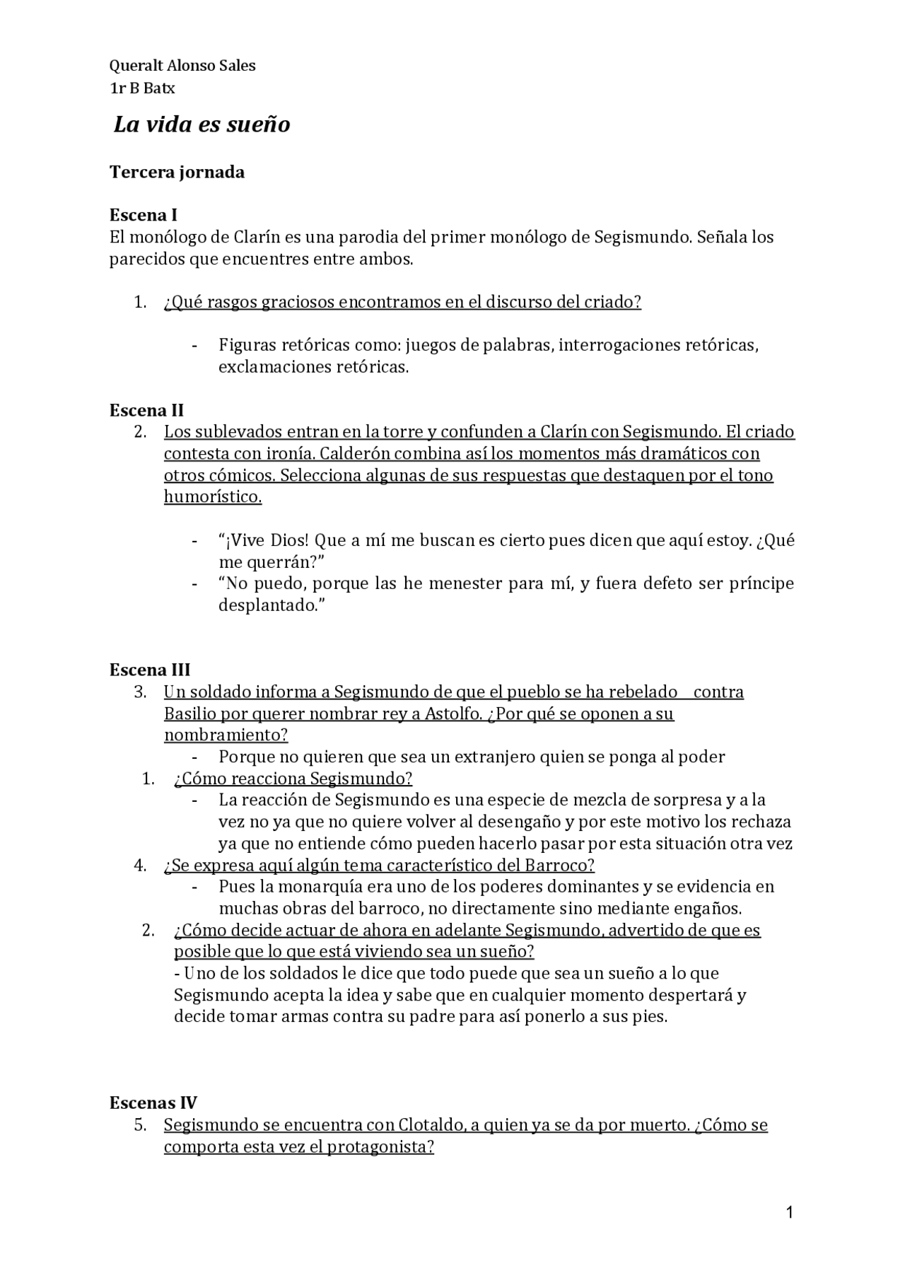 Preguntas la vida es sueño tercera jornada | Ejercicios de Lengua y ...