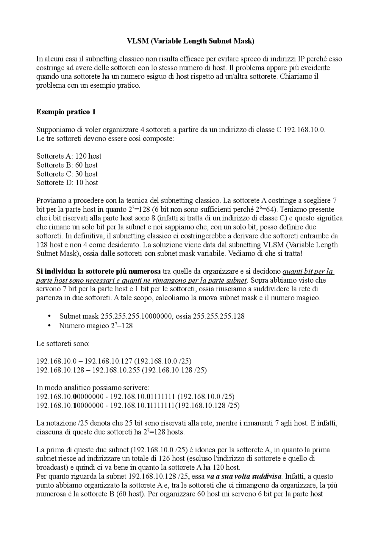 Esercizio guidato di VLSM | Esercizi di Sistemi di reti | Docsity
