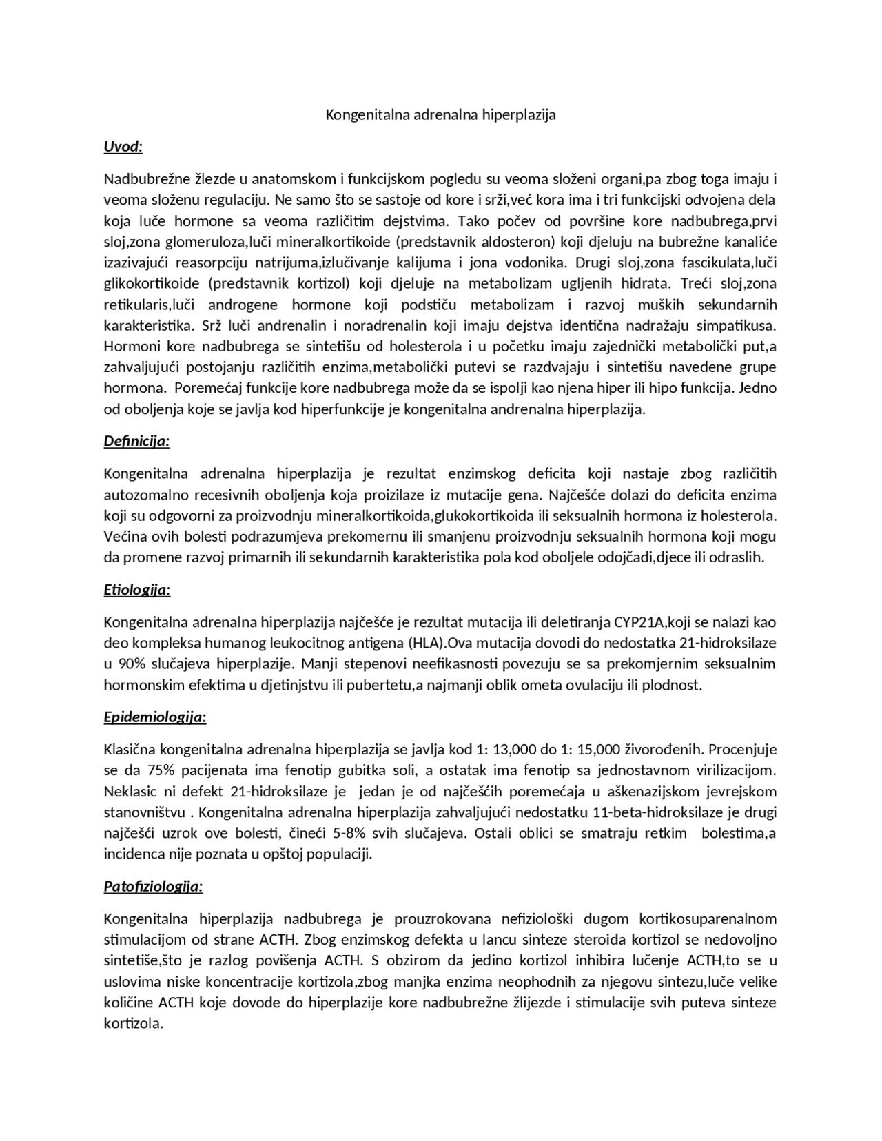Kongenitalna adrenalna hiperplazija i Kusingov sindrom - Docsity