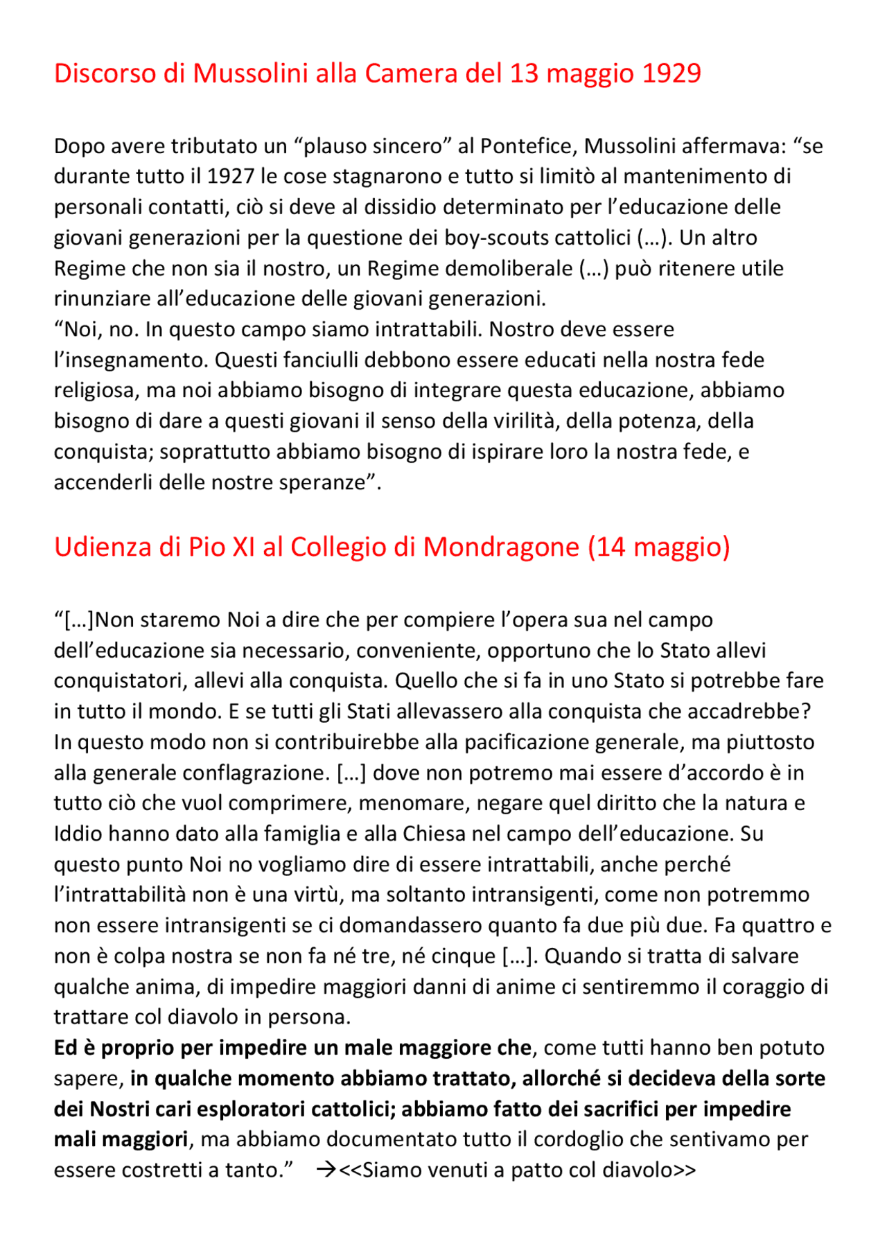 Discorsi di Mussolini e di Papa Pio XI sui Patti Lateranensi | Appunti ...