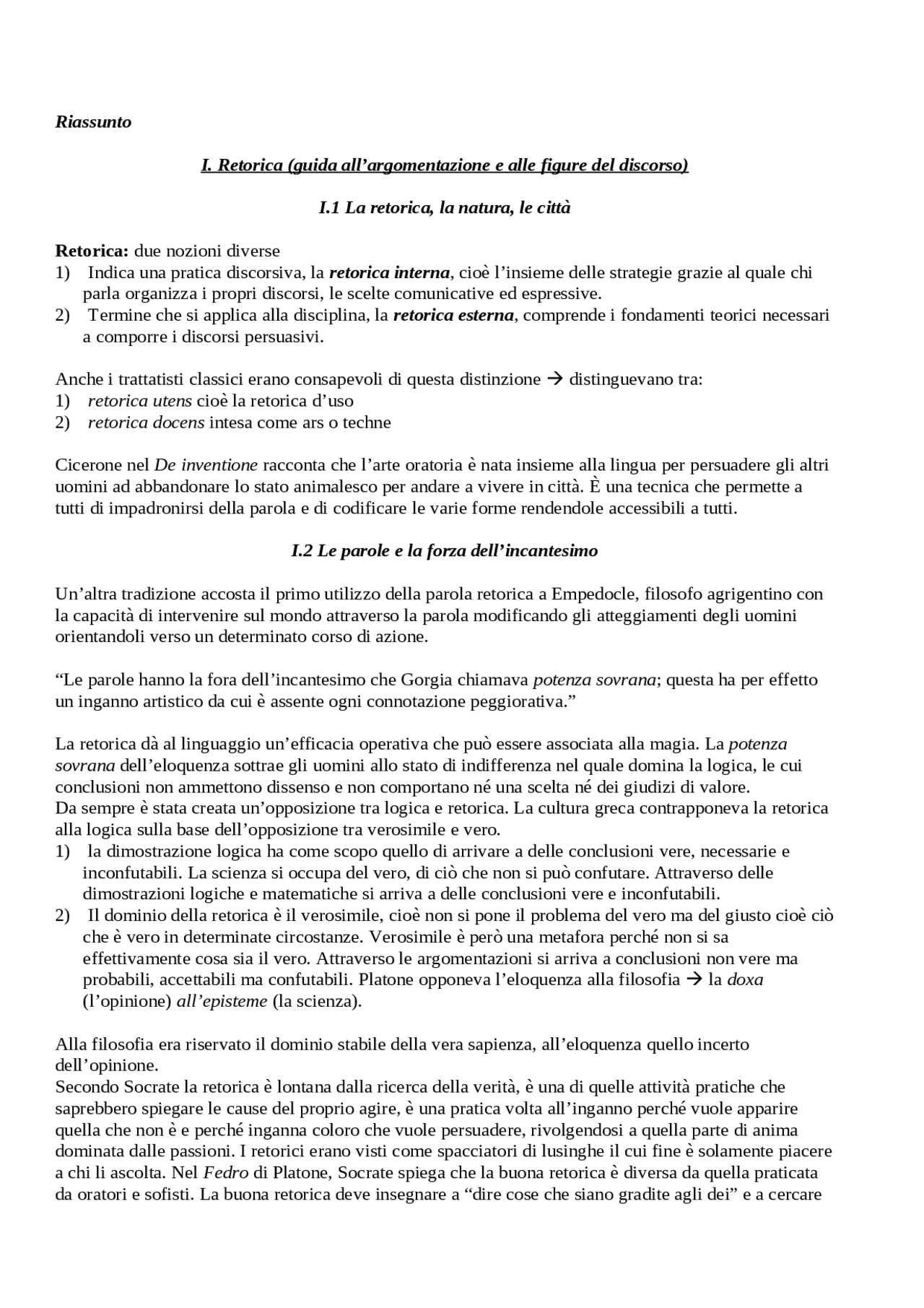 Riassunto Retorica Classica Docsity