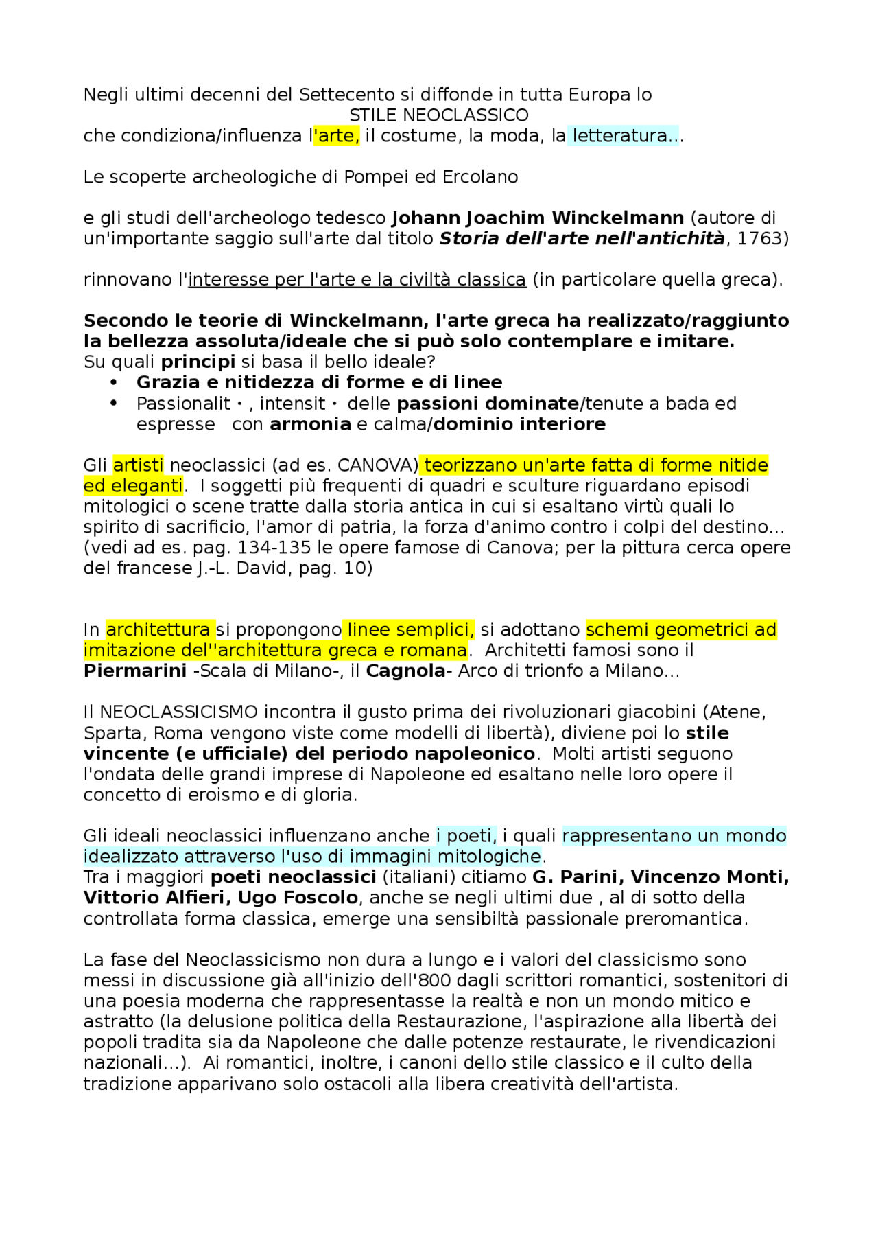 Sintesi Neoclassicismo Docsity