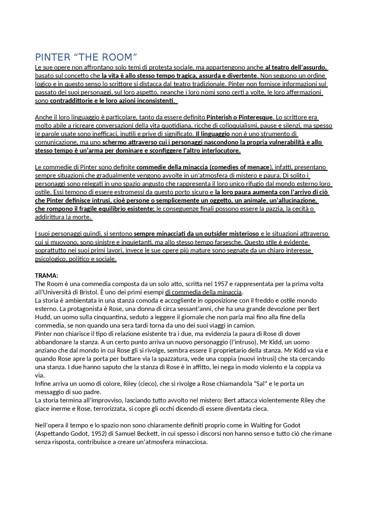 THE ROOM (analisi)- PINTER | Appunti di Letteratura Inglese | Docsity