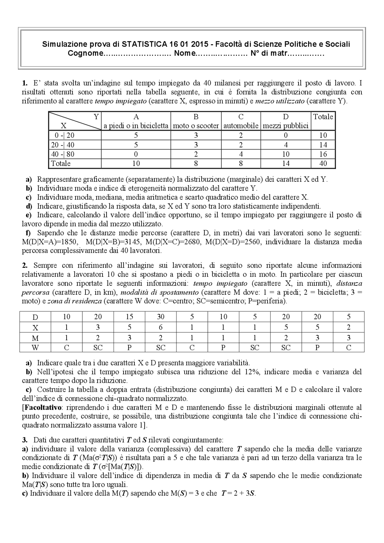 Simulazione Esame Statistica Docsity