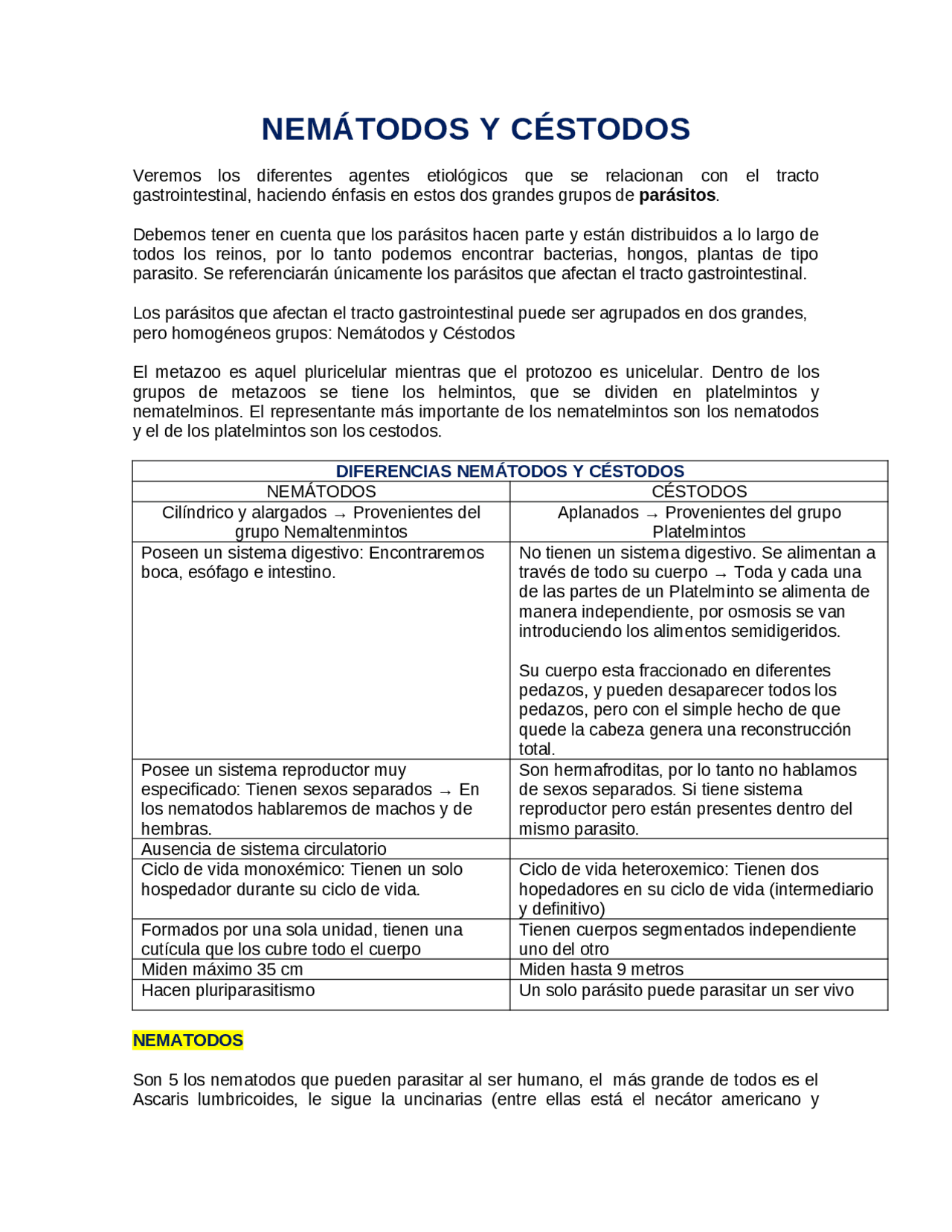 Nematodos Y Céstodos Docsity