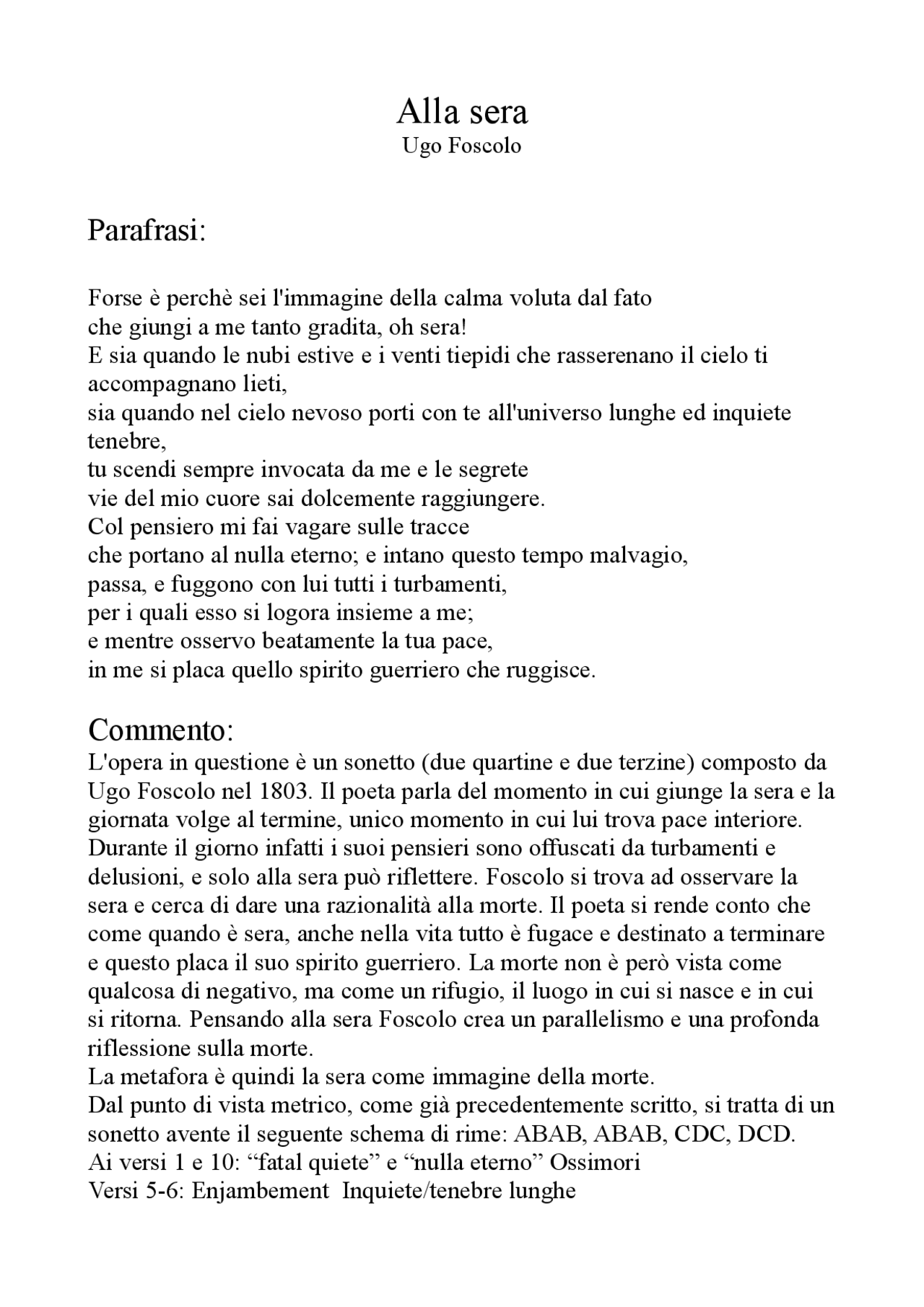 Analisi Alla Sera Foscolo Docsity