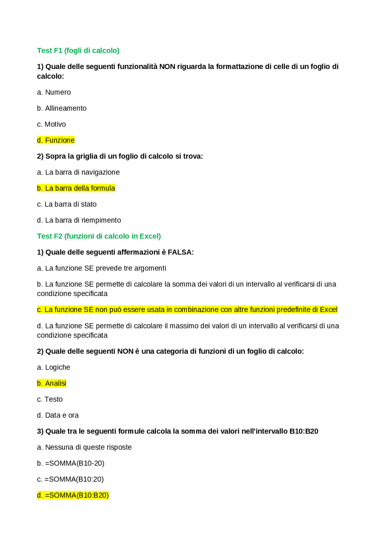 Quiz Informatica Grafici Excel Docsity