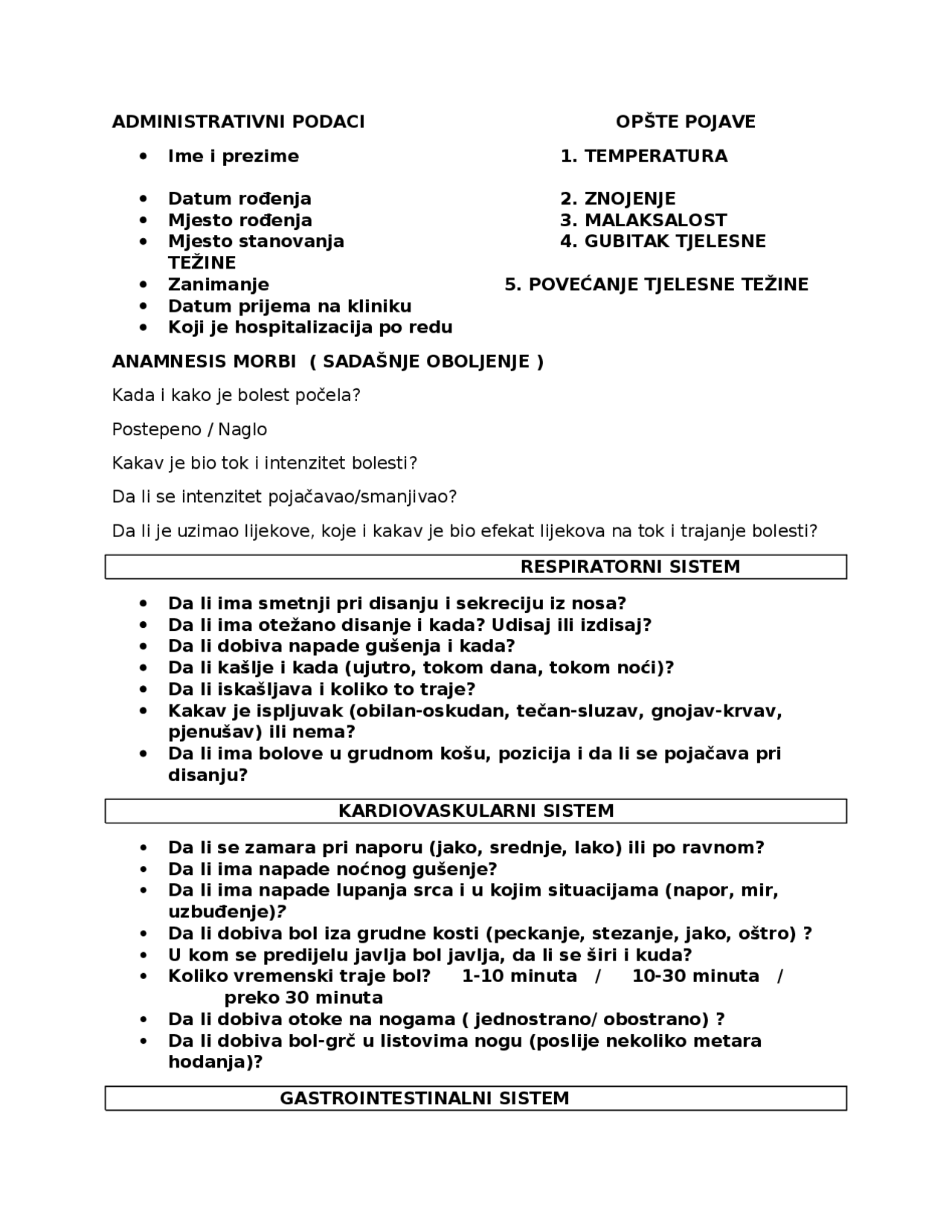 Anamneza - detaljno | Beleške' predlog Klinička medicina - Docsity