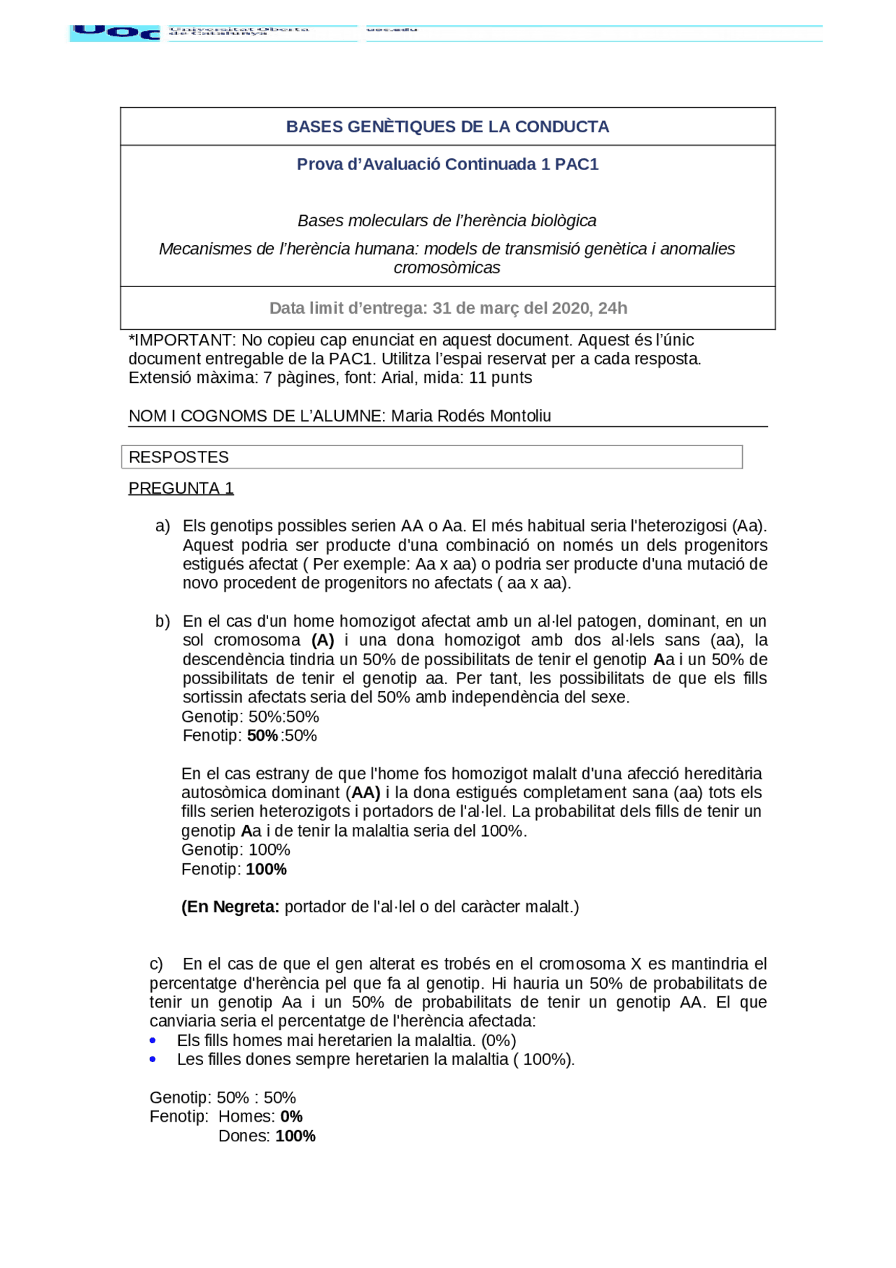 PAC1 GENÈTICA PSICOLOGIA - Docsity