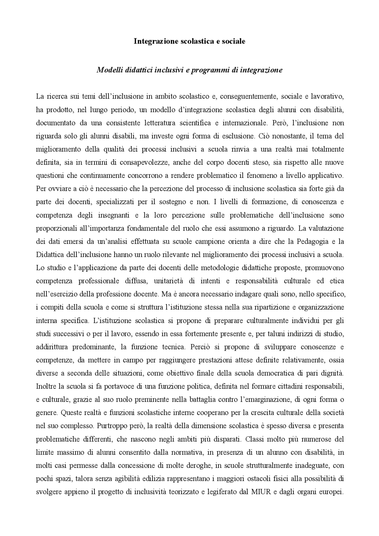 (TESINA COMPLETA) INTEGRAZIONE SCOLASTICA E SOCIALE: Modelli didattici ...