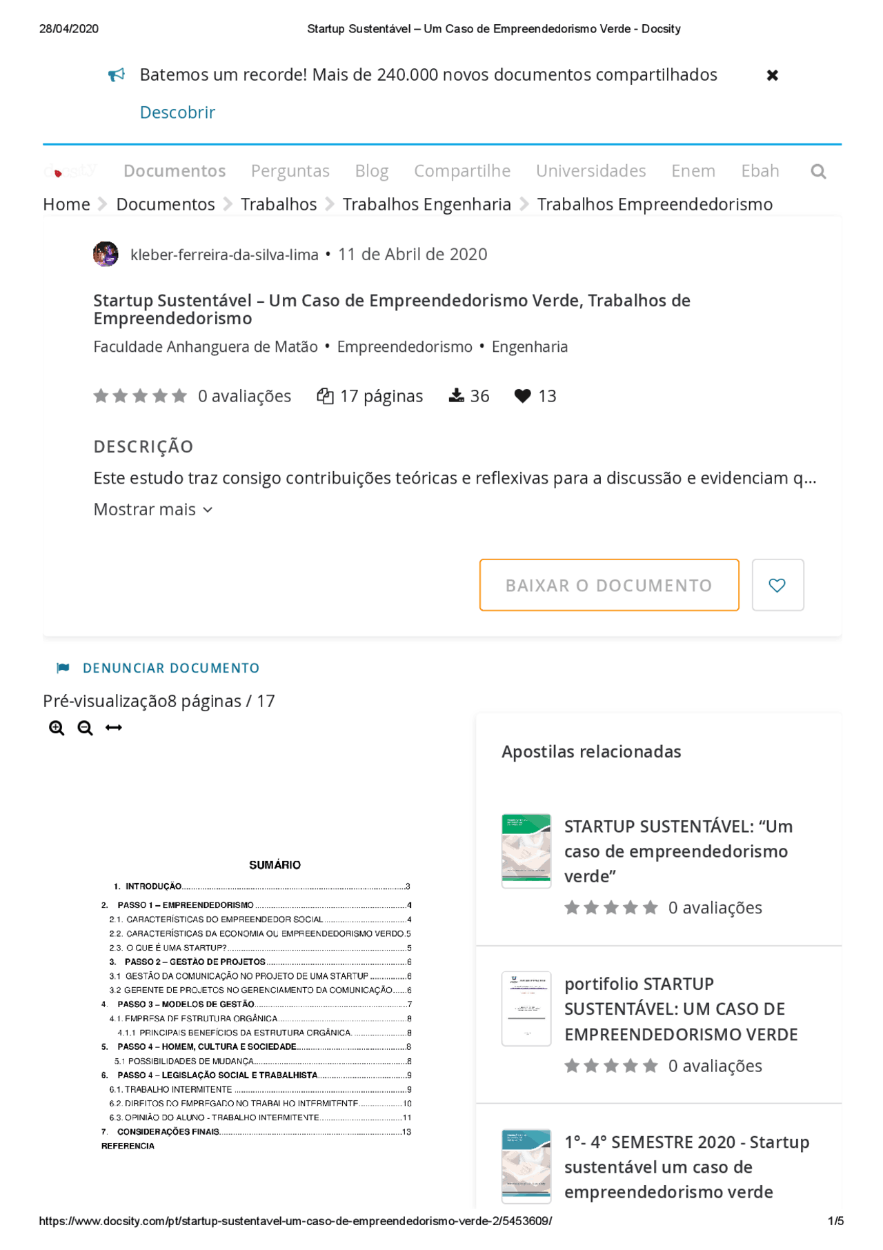 Startup Sustentavel Pdf Docsity